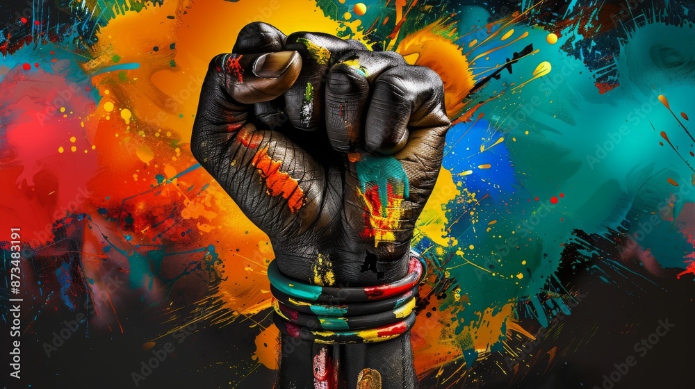 Powerful fist raised in celebration of Juneteenth with vivid paint ...