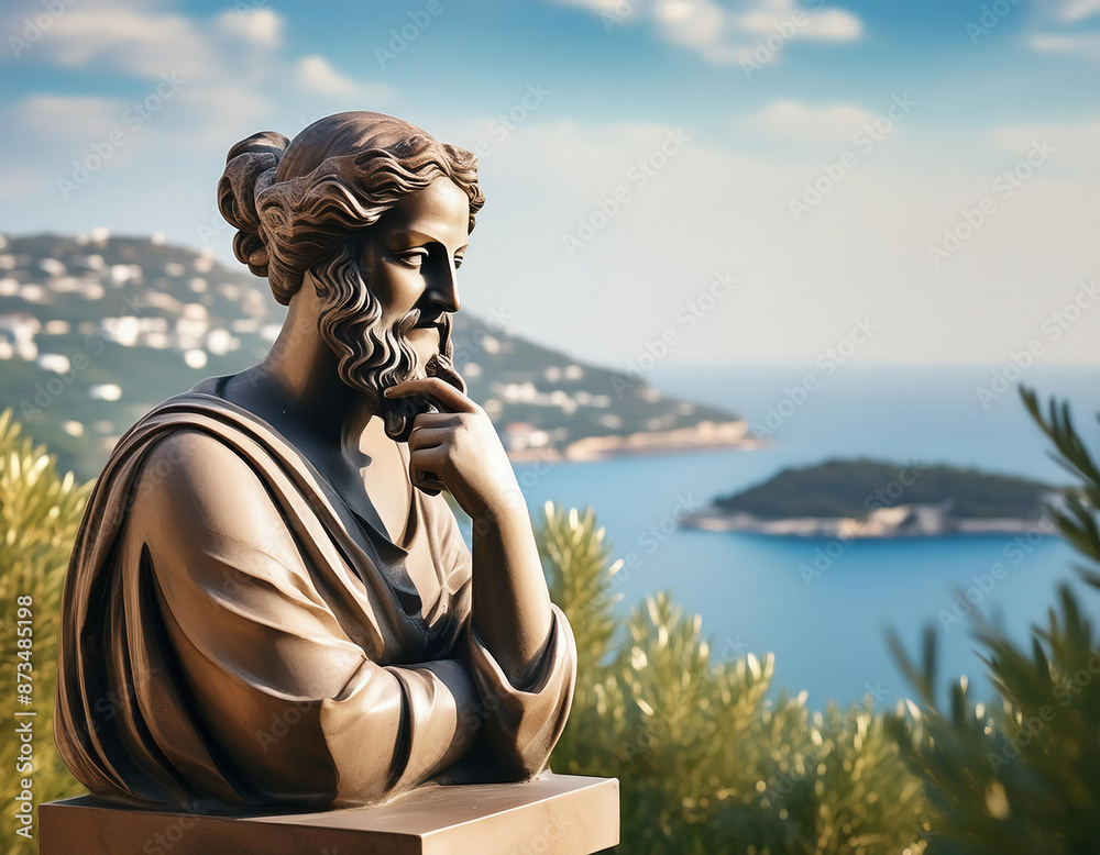 bust of a greek philosopher with a beard against natural background ...