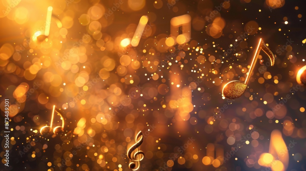 Elegant golden musical notes floating in the air, blurred sparkling ...