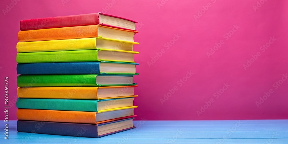 Vibrant stack of diverse books with rainbow-colored spines against a ...