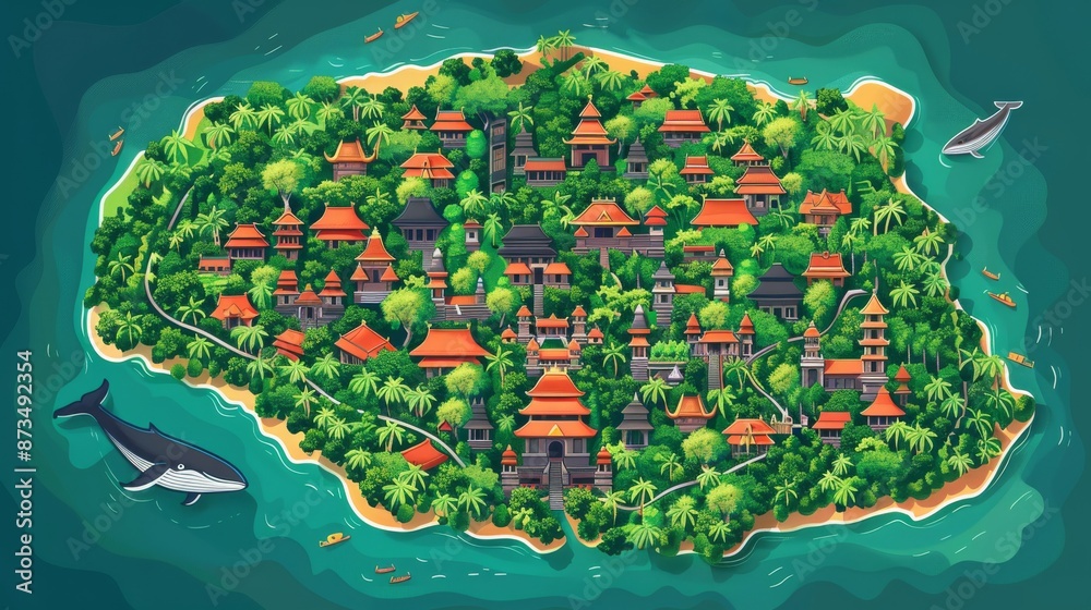 overhead top-down view of Bali island map; minimalist cartoon vector ...