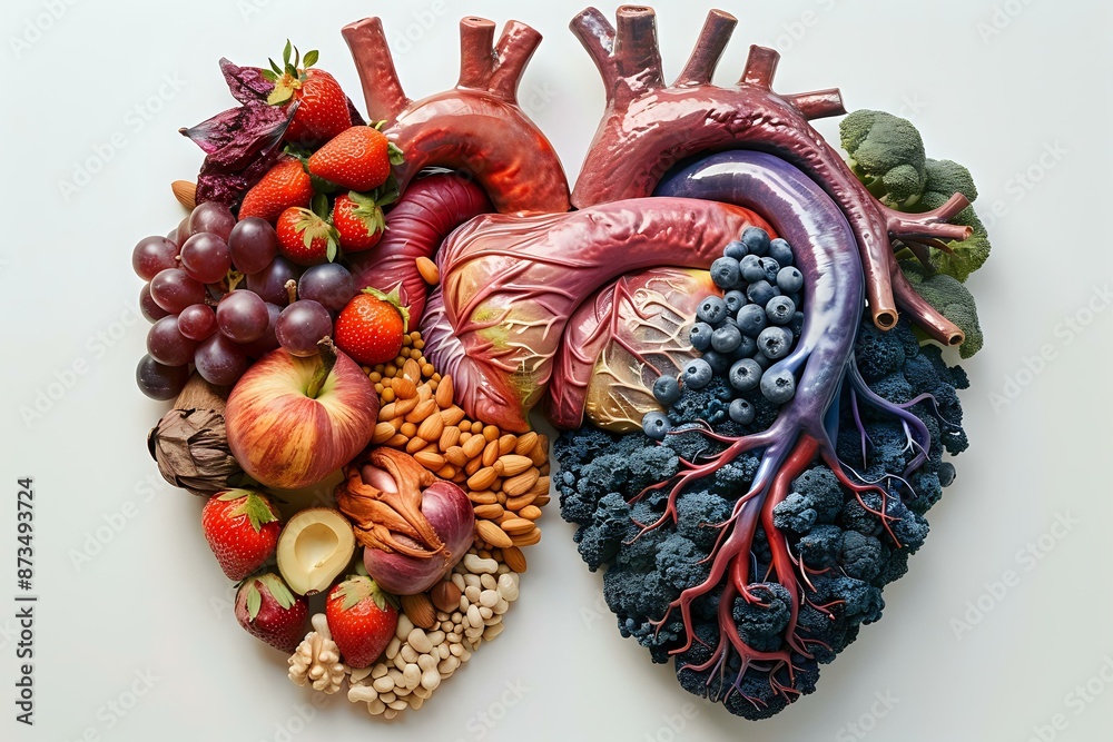 Artistic representation of a human heart composed of various fruits ...