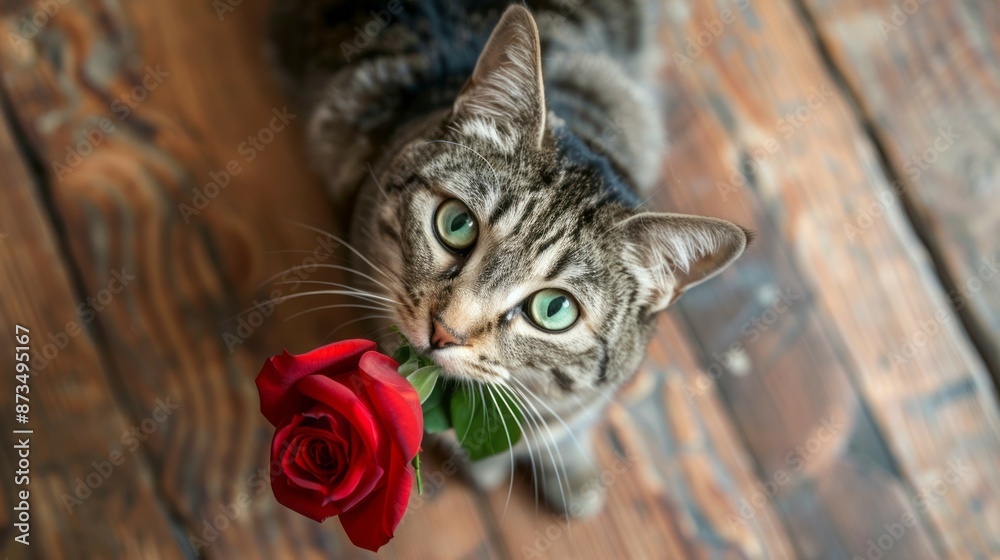 Cat holding a red rose. Adorable tabby cat looking up with a bright red ...