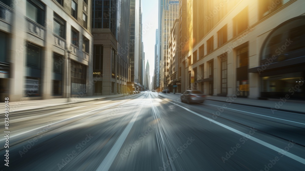 side view of an empty city street in the front view, with motion blur ...