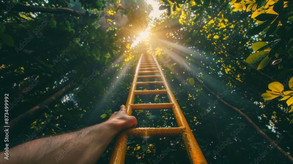 Reach for success with a ladder to the sun. A symbolic photo depicting ...