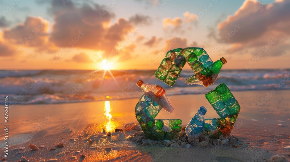 Recycle and protect our oceans. A beautiful sunset on a beach with a ...