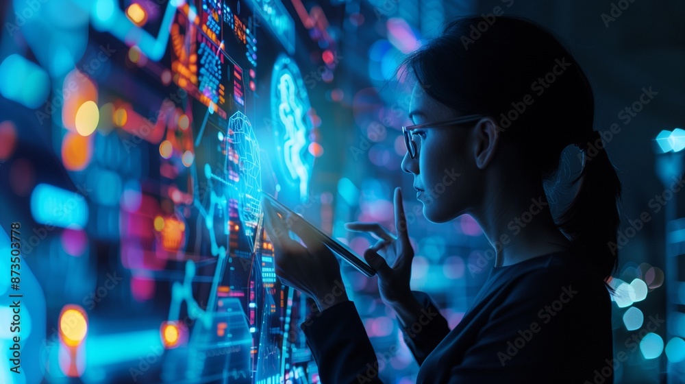 AI, data science, digital technology concept. Computer programmer using digital tablet with AI ...