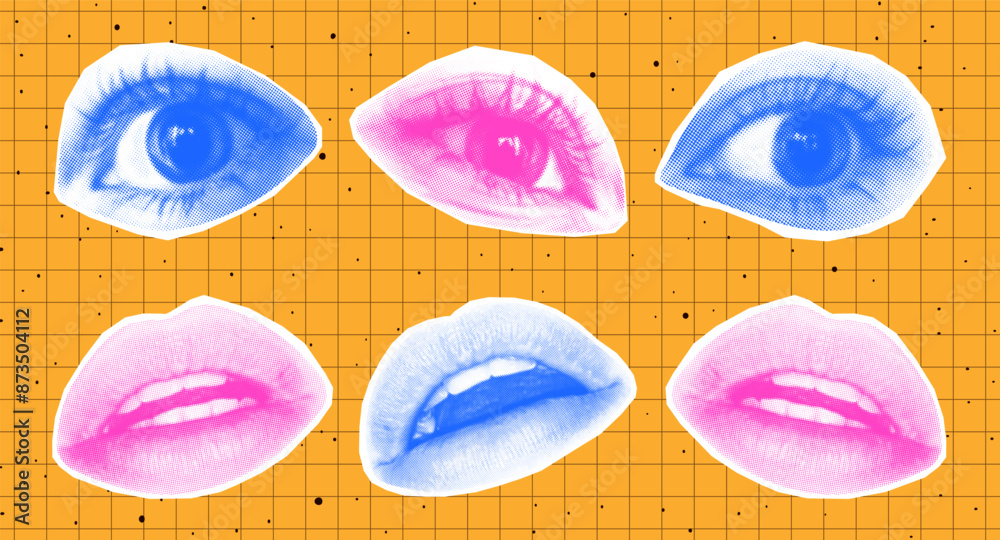 Set of halftone lips and eyes on a yellow background. Modern cutouts of ...