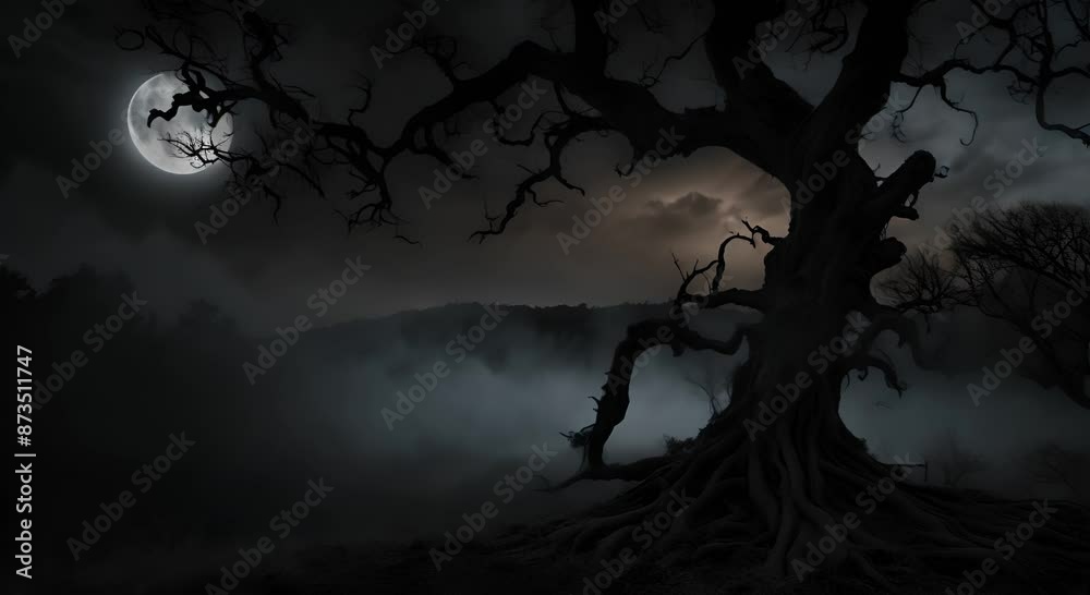 Spooky dead tree stands as a haunting silhouette against the dark night ...