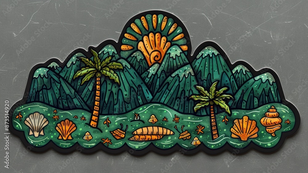 A parallelogram-shaped beach scene with surfers, palm trees and shells ...