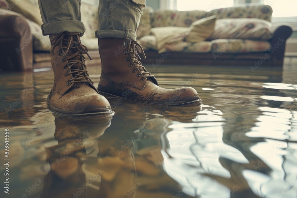 Person's feet in boots immersed in a flooded home setting, indicating ...