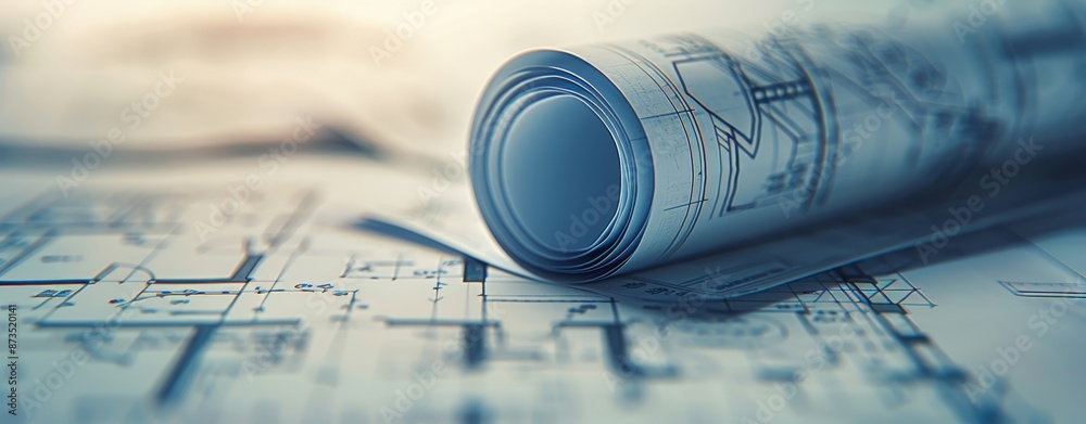 Closeup of blueprints and architectural drawings on white paper, with ...