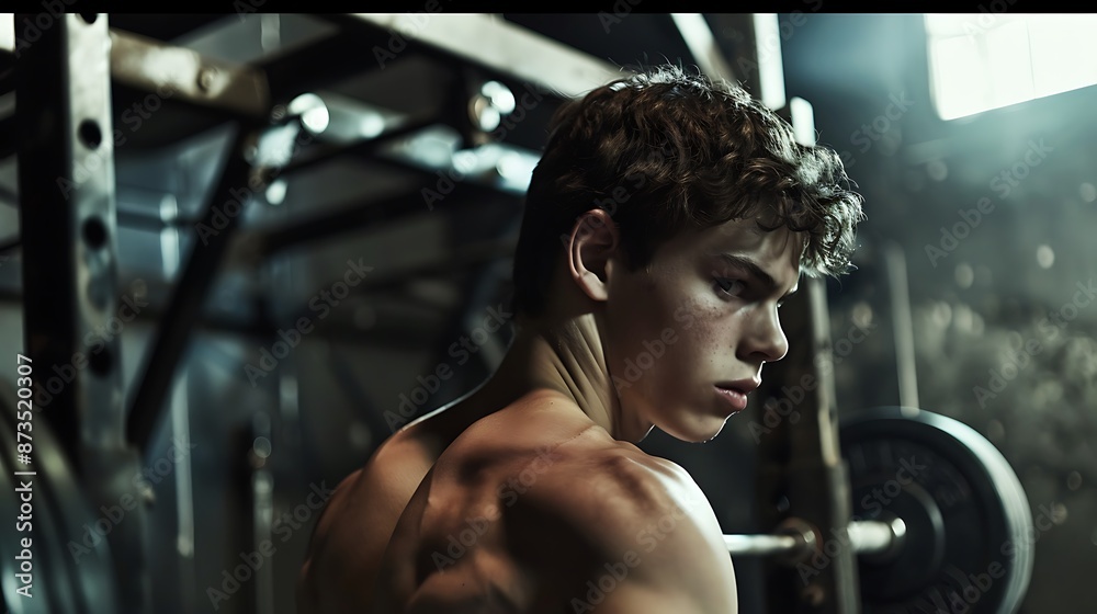 A handsome boy practicing powerlifting with strength and determination ...