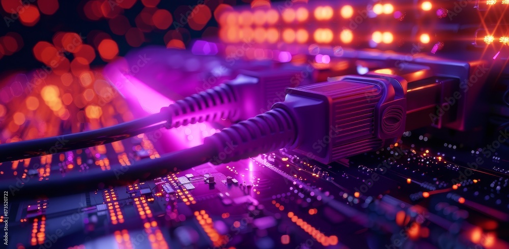 Ethernet Cables Connected To A Network Switch Glowing Lights Visible Closeup Of Purple Network