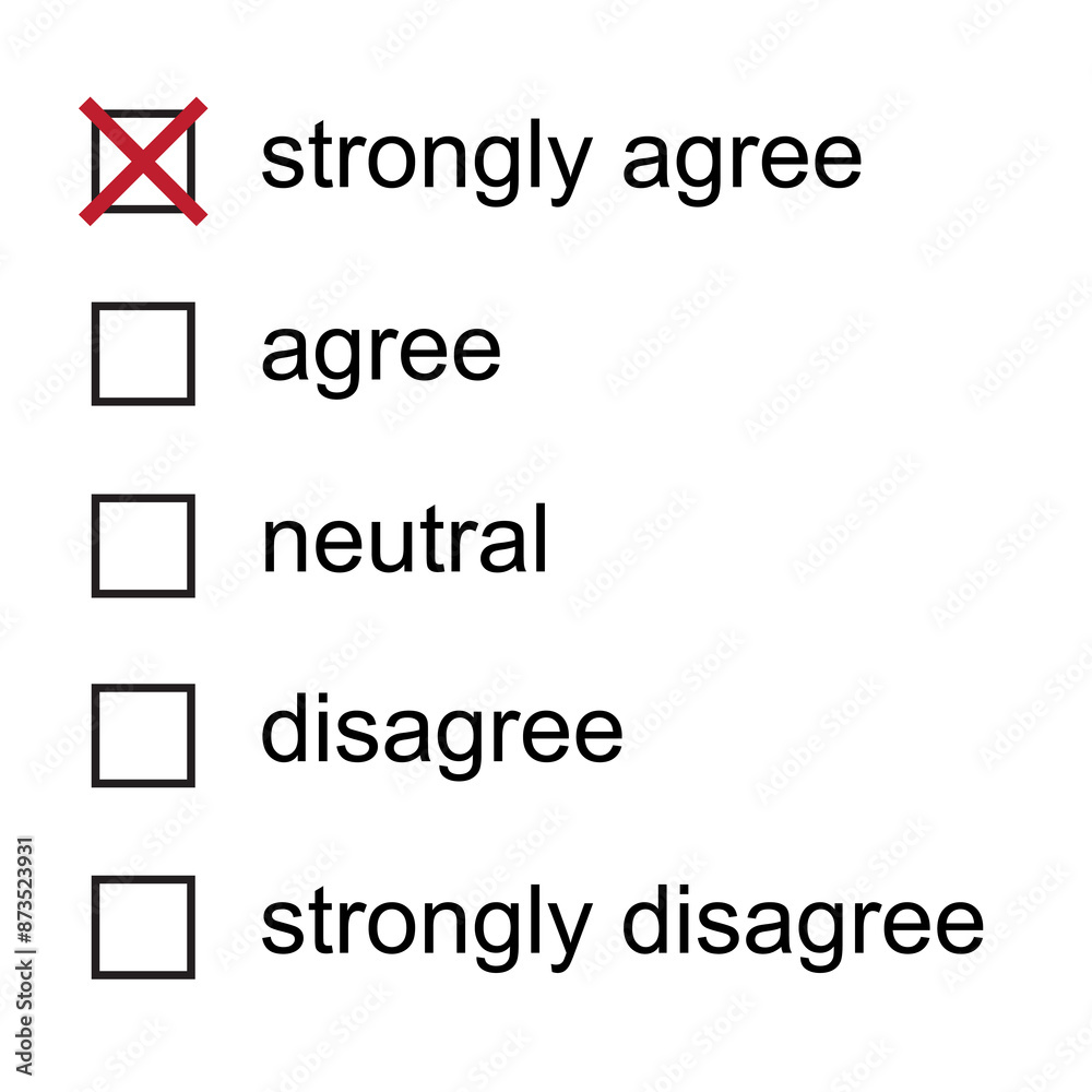 Strongly agree on a 5 level Likert scale. Tick mark on an online survey. Positive answer on a ...