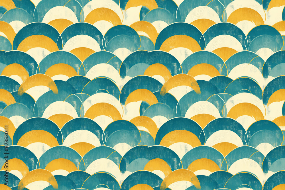This seamless pattern displays a series of overlapping geometric shapes ...