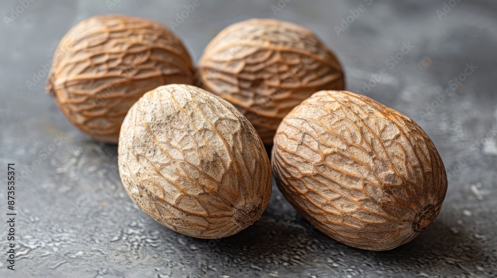 Four small, wrinkled nuts are sitting on a grey surface. They are all ...