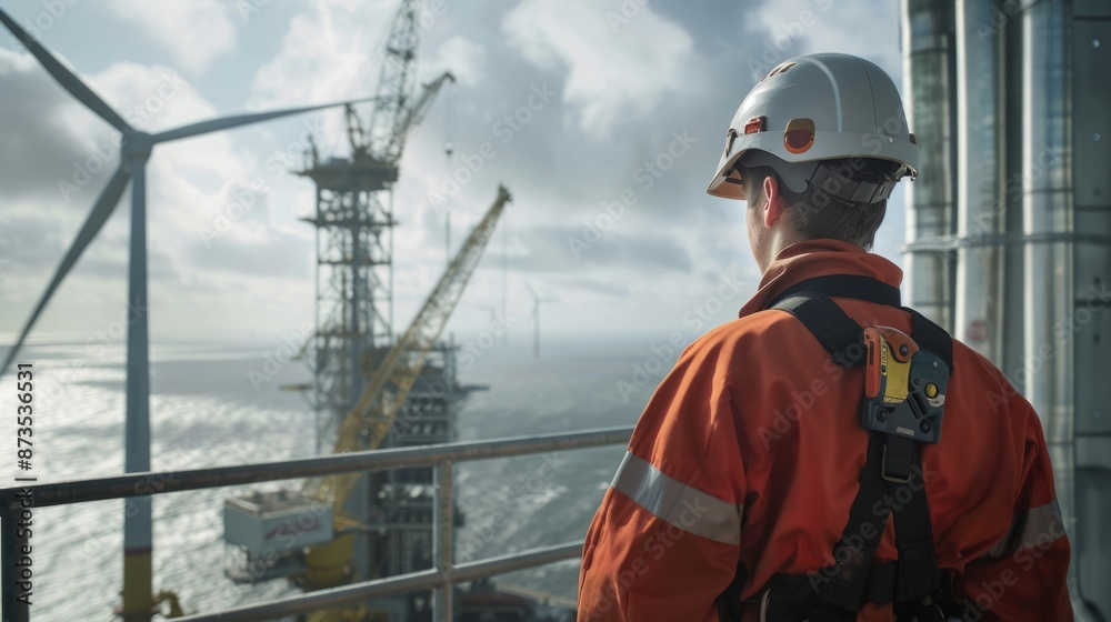 engineers on an elevated maintenance platform, highlighting the height ...