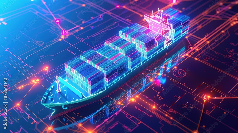 Container ship on a glowing digital network map, highlighting global ...