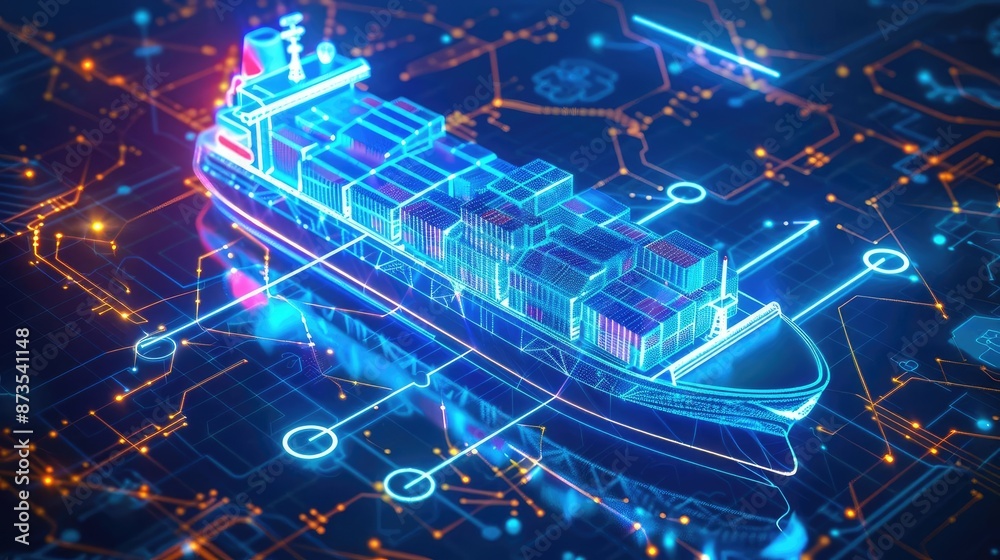 Container ship on a glowing digital network map, highlighting global ...