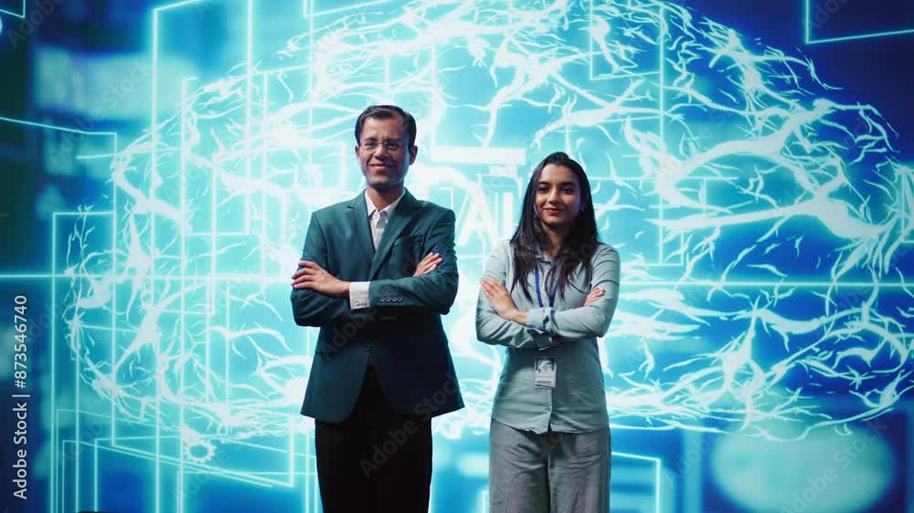 Portrait of cheerful team of admins using artificial intelligence computing simulating human ...