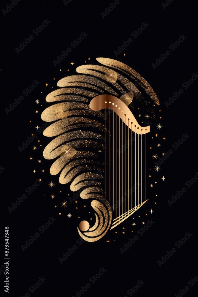 Minimalist harp and musical notes logo design with gold color, a harp ...
