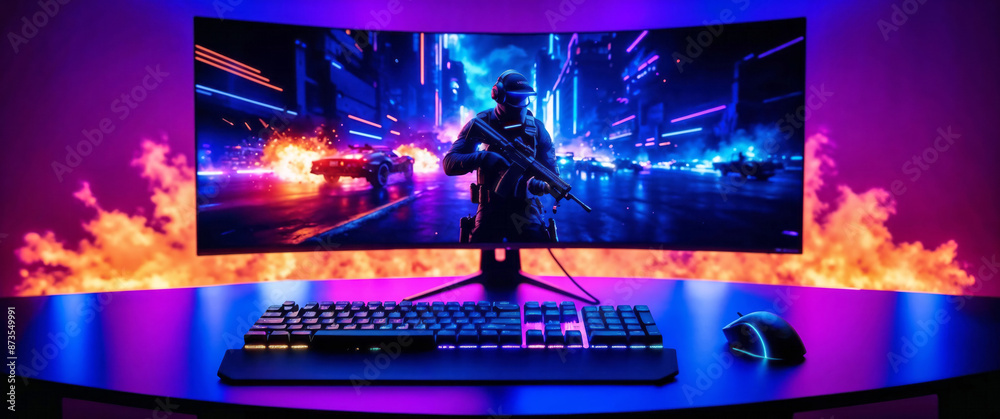 Panoramic gaming banner, gamer setup with RGB lights, mouse and ...
