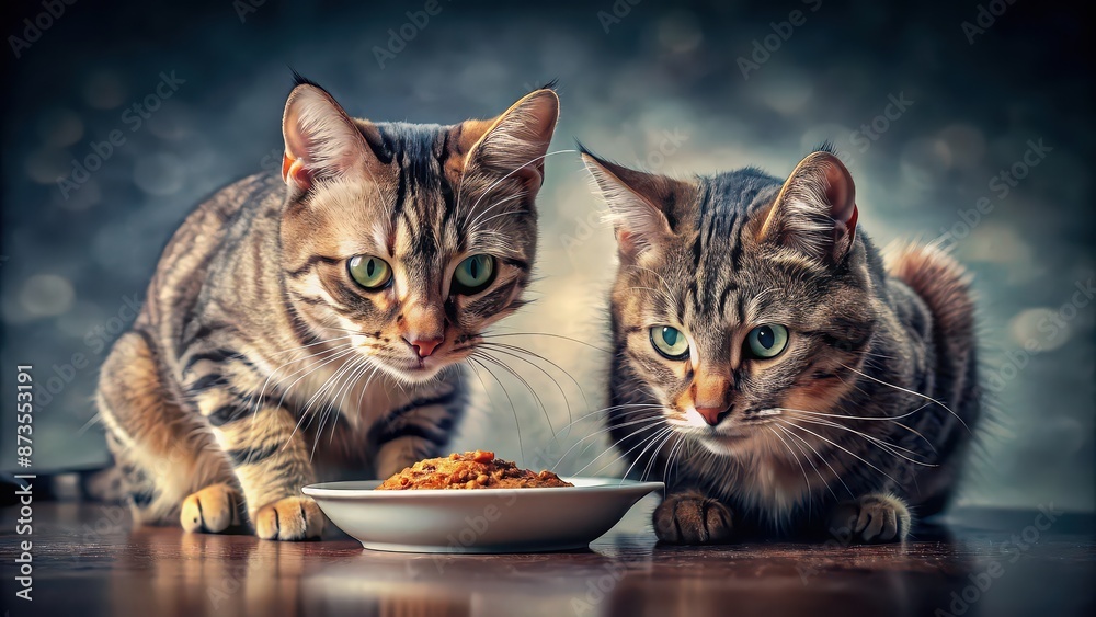 Two cats in a bizarre and surreal scene where one cat appears to be eating the other cat ...