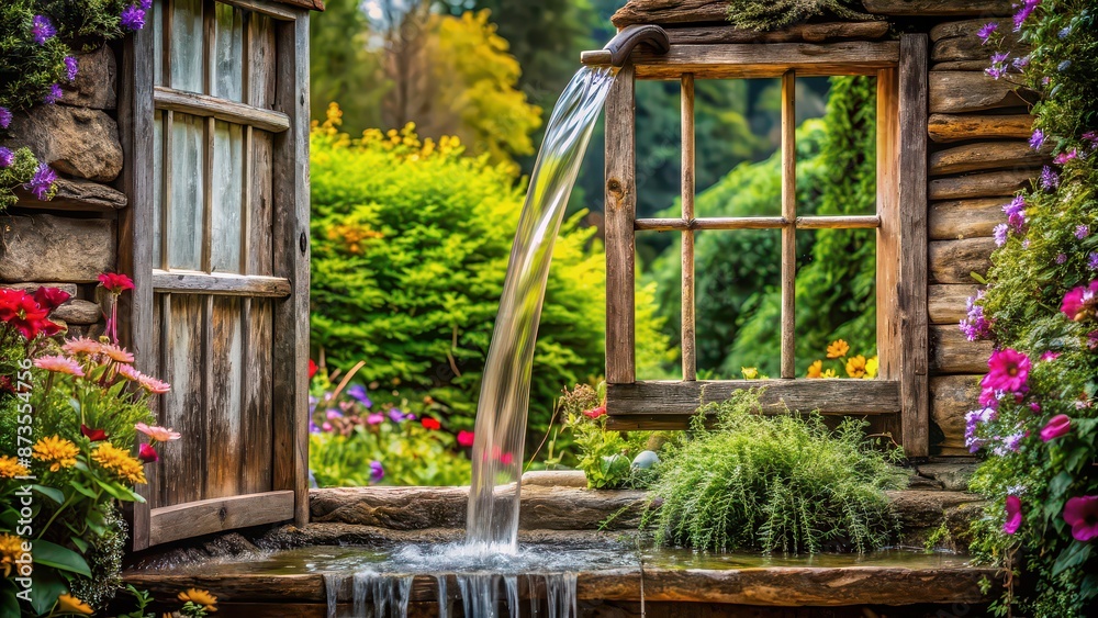 Water flowing from the window of a rustic cottage into a garden below ...