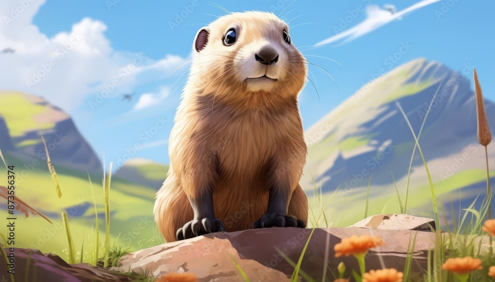 Lemming standing upright flat design top view tundra theme cartoon ...