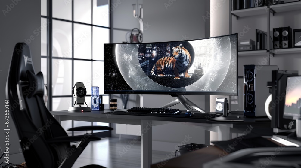 Modern high end computer workstation featuring gaming computer and ...