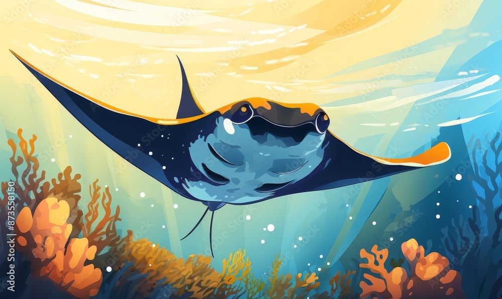 Manta ray undulating through water flat design top view ocean theme ...