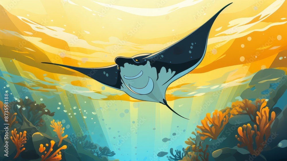 Manta ray undulating through water flat design top view ocean theme ...