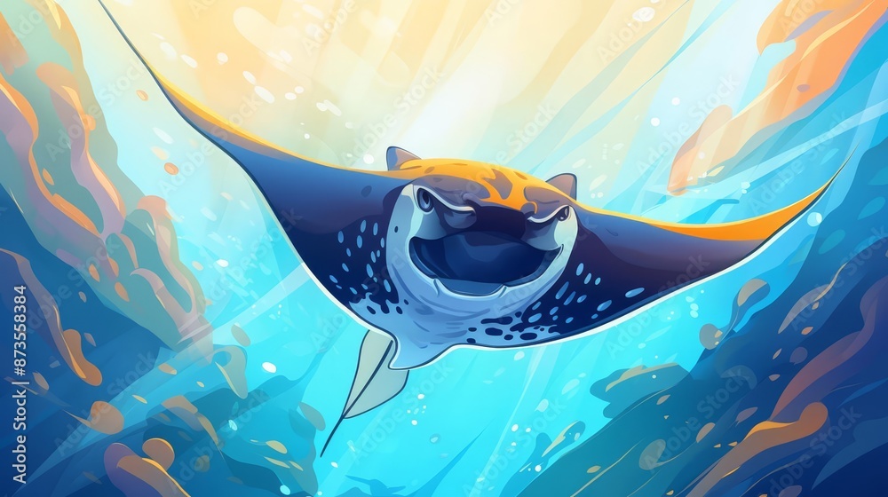 Manta ray undulating through water flat design top view ocean theme ...