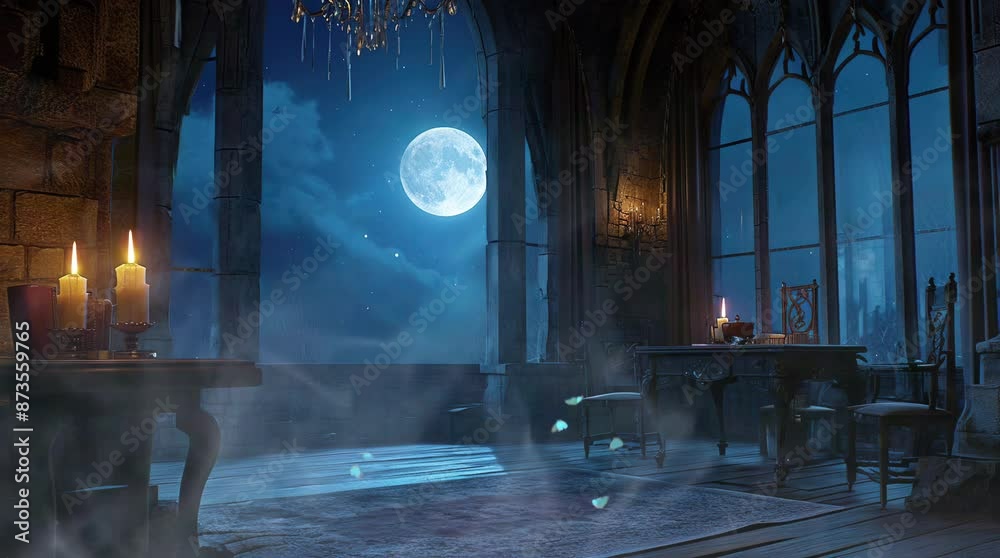 Misty castle room at night with a full moon visible from the window ...