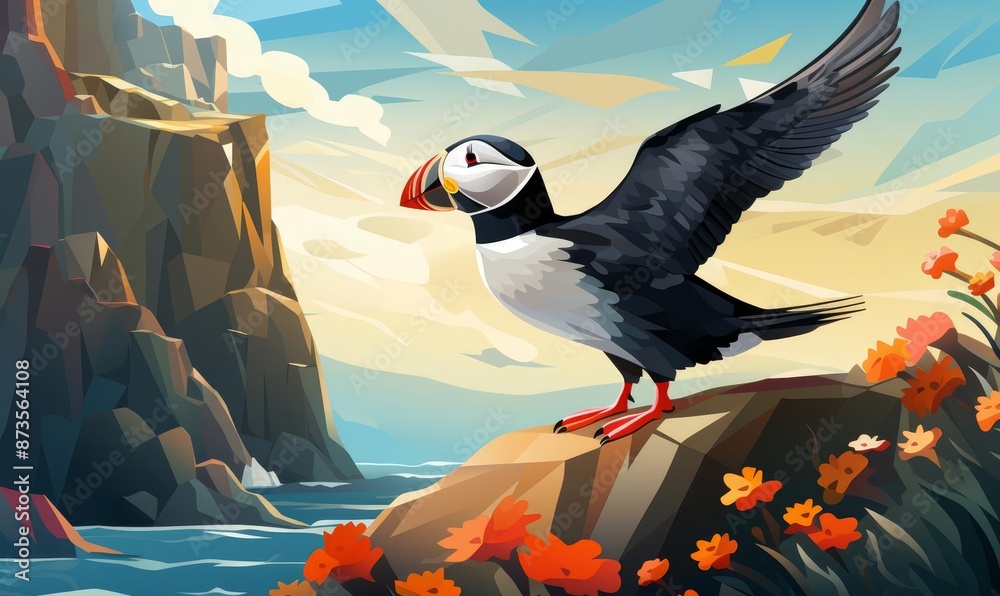 Puffin with wings flapping flat design front view sea cliff theme ...