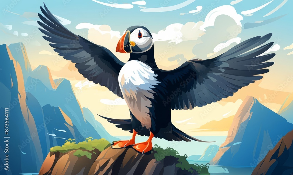 Puffin with wings flapping flat design front view sea cliff theme ...