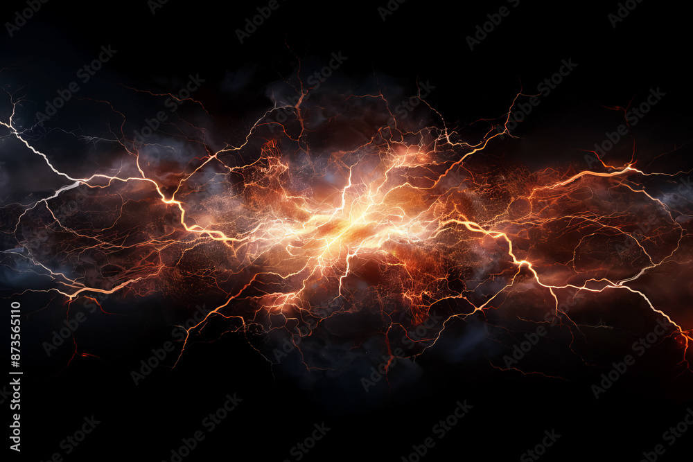 Dramatic display of bright lightning bolts radiating through dark ...