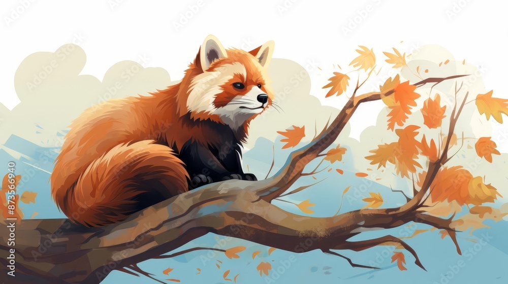 Red panda stretching in a tree flat design side view nature theme water ...
