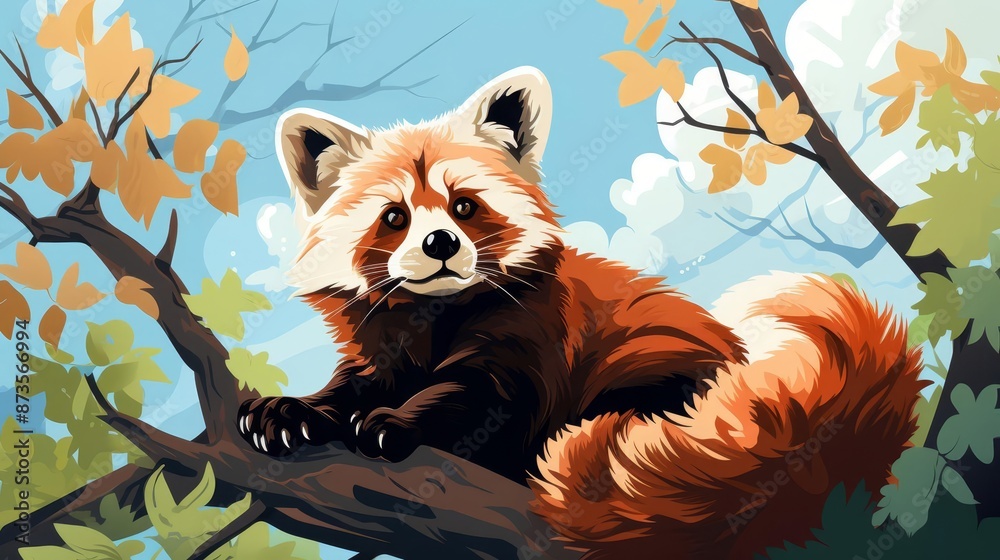 Red panda stretching in a tree flat design front view woodland theme ...