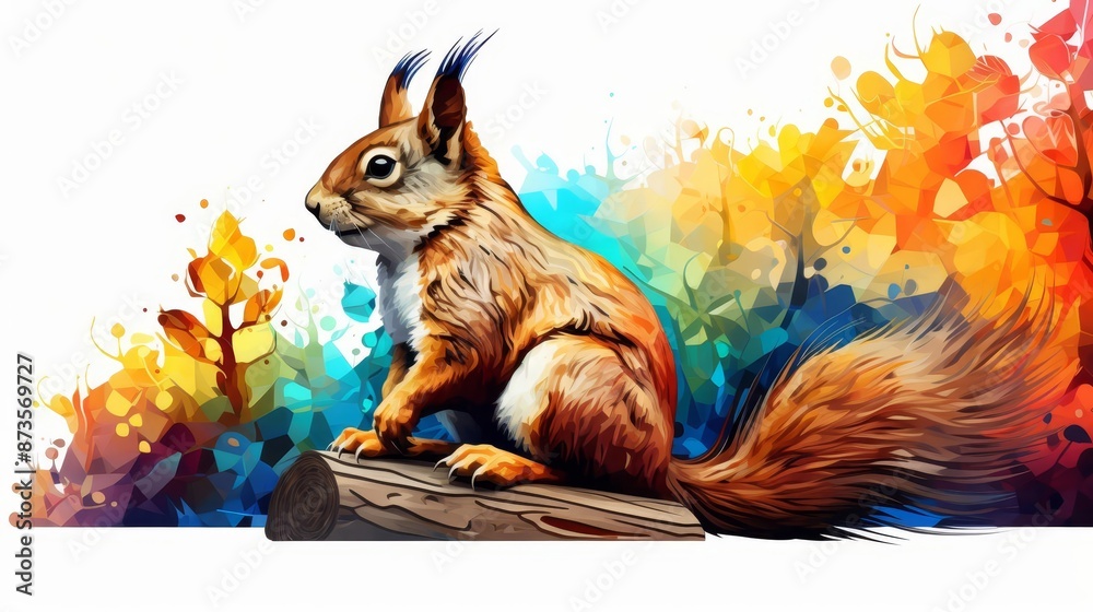 Squirrel crouching alertly flat design side view oak tree water color ...