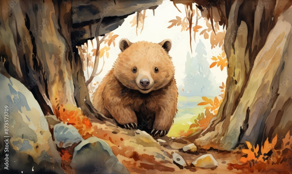 Wombat exiting its burrow flat design side view forest theme water ...