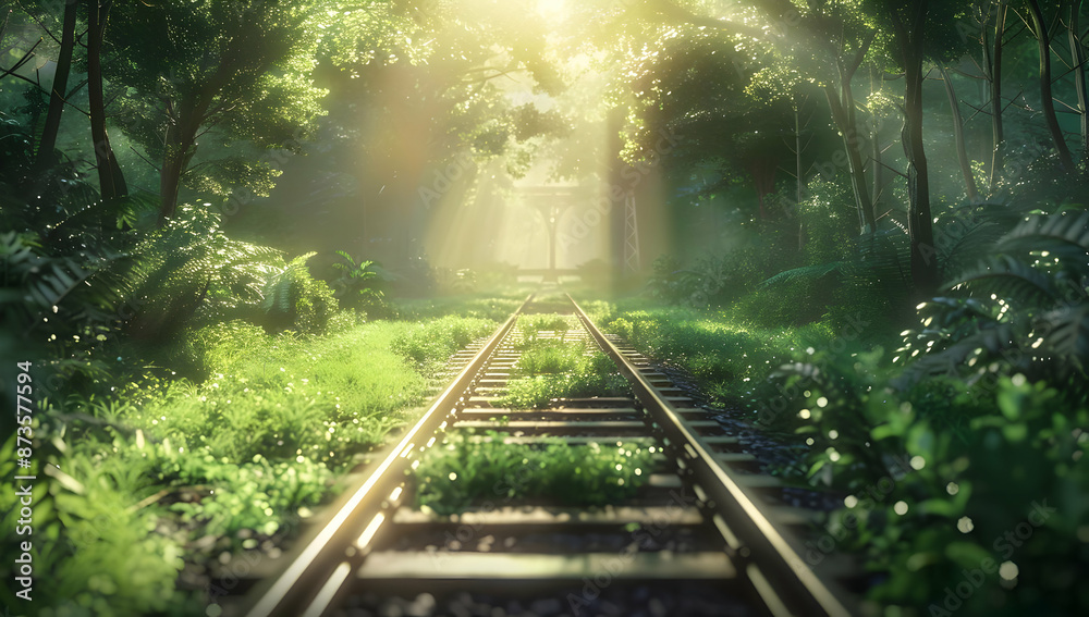 Sunlight streams through a dense forest, illuminating an overgrown railway track surrounded by ...