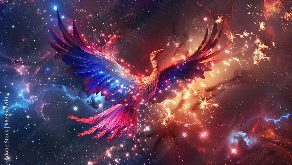 Vibrant cosmic phoenix rising from a nebula, blending luminous colors ...