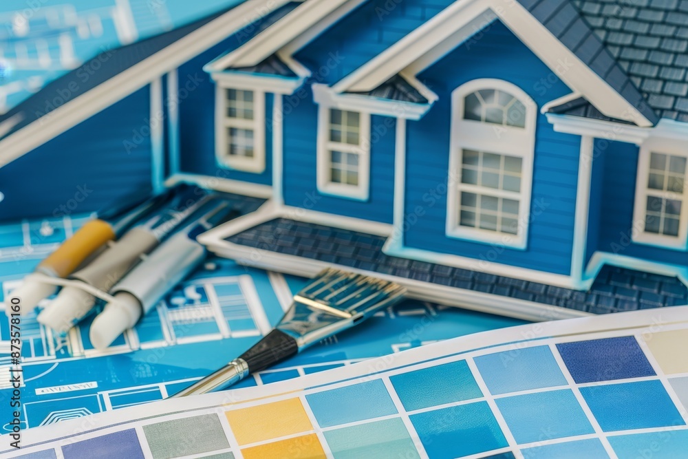 New home design concept blueprint and paint color palette selection for ...