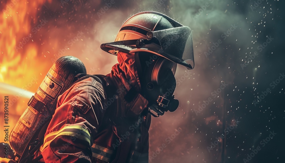 Firefighter battling flames with hose and chemical water foam engine ...