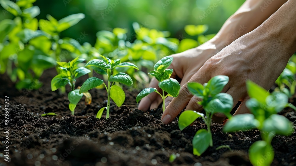 Hands planting seedlings in the ground The careful and nurturing ...