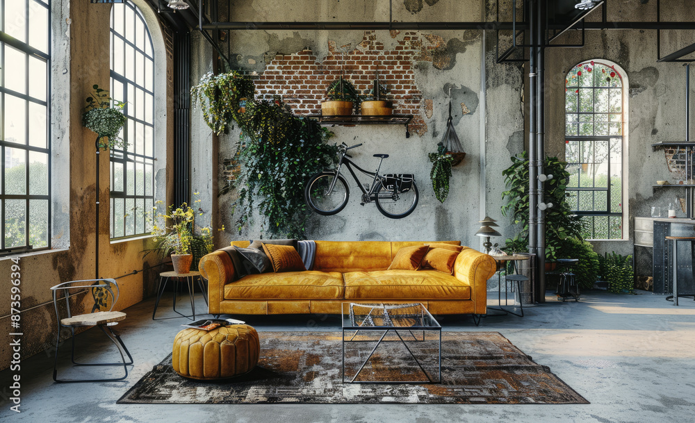 A modern industrial style interior of an old factory building with high ...