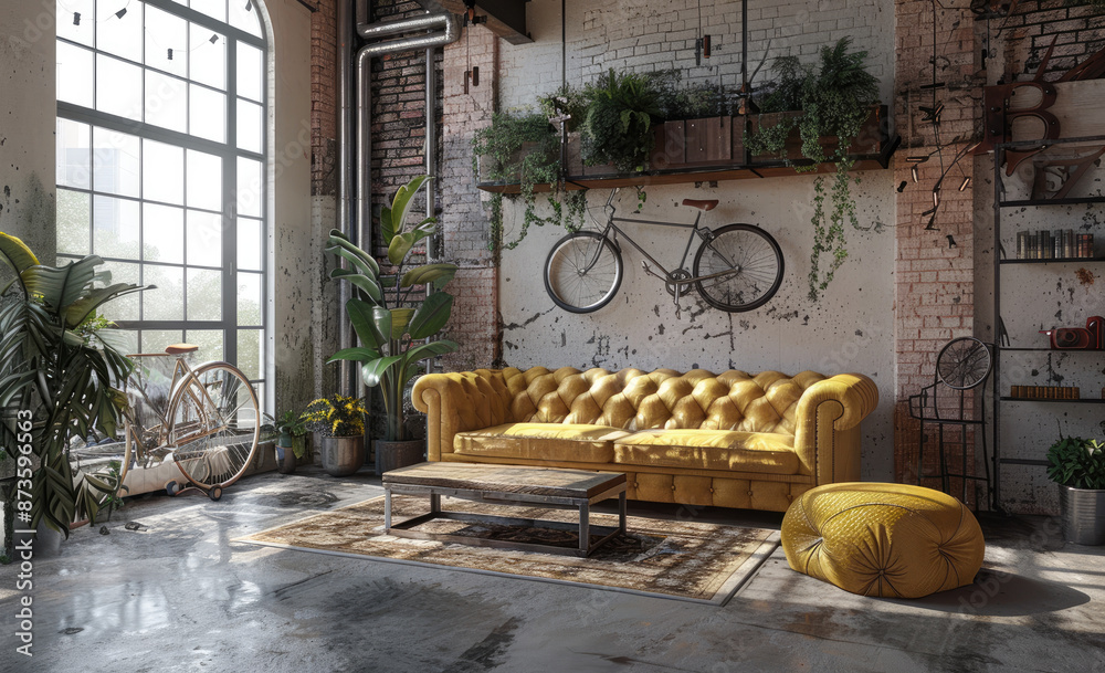 A modern industrial style interior of an old factory building with high ...