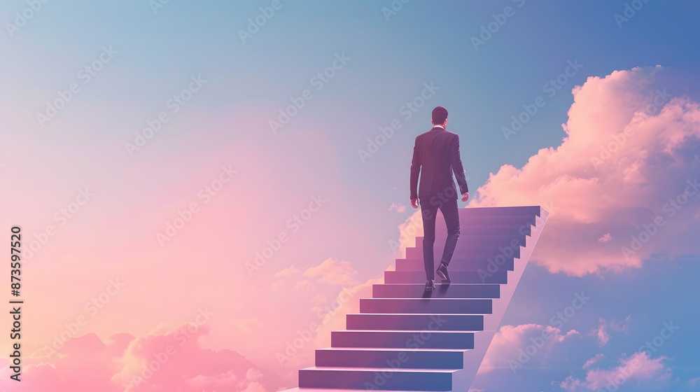 Ambitious business man climbing stairs to meet incoming challenge and ...